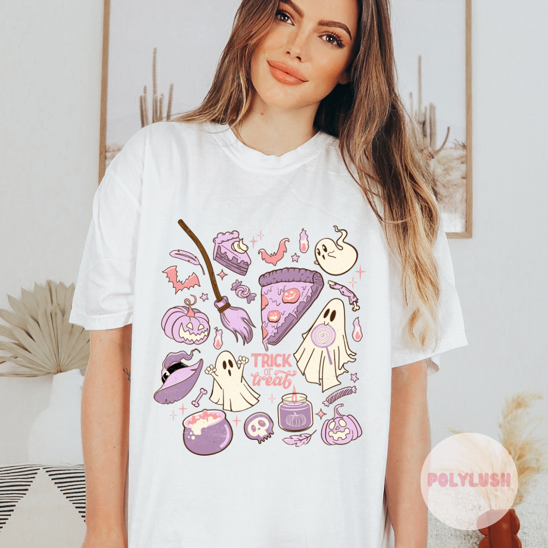 Trick Or Treat, Purple Pizza, Broom DTF Transfer – Polylush